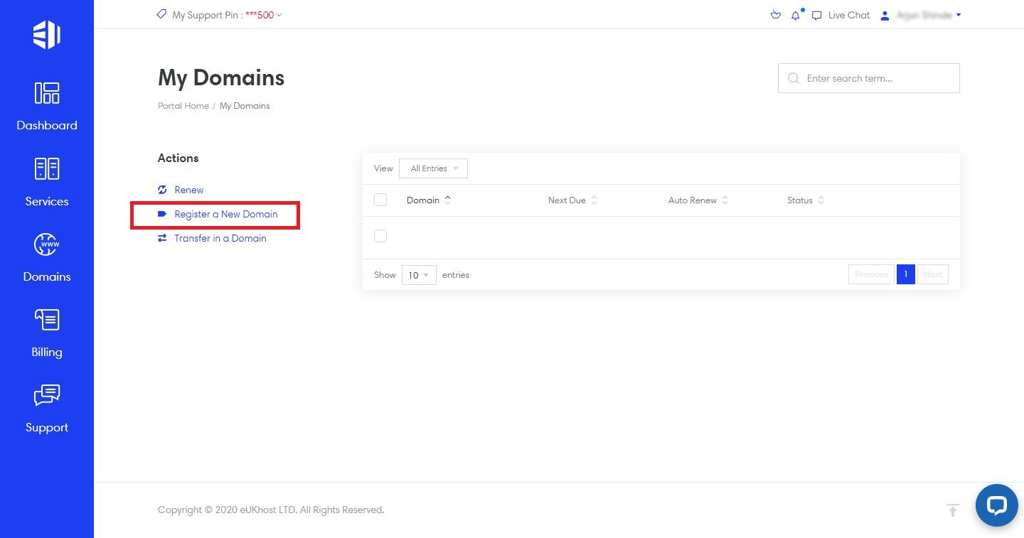 Register a domain name using the client area on eukhost
