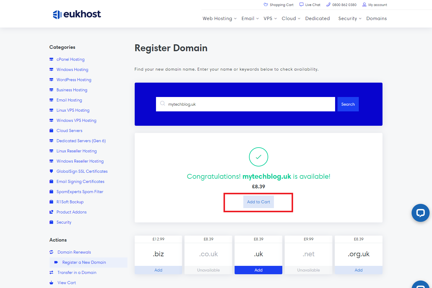 Register a domain name using the client area on eukhost