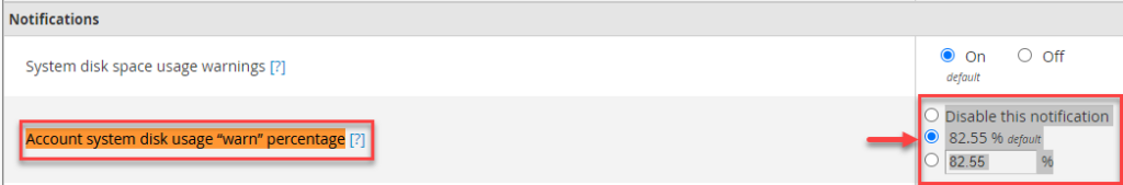 Adjust WHM’s Account System Disk Usage “warn” Percentage