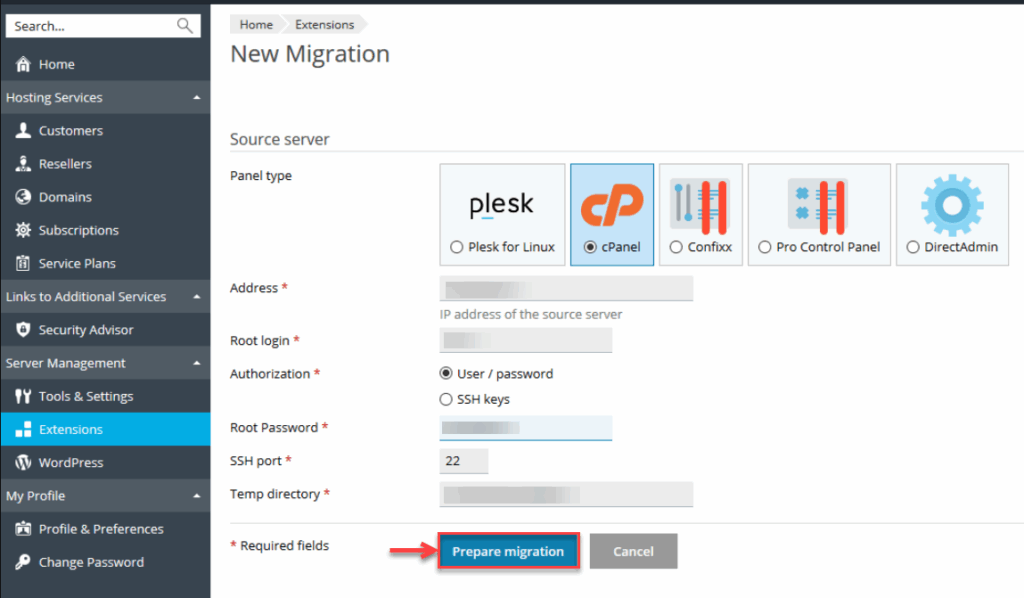 Migrate from cPanel to Plesk Using Plesk Migrator